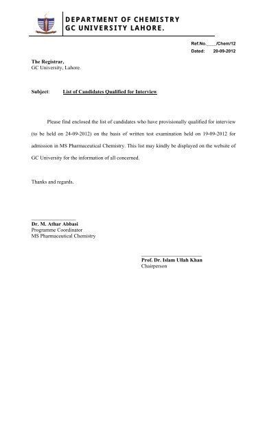 DEPARTMENT OF CHEMISTRY GC UNIVERSITY LAHORE.