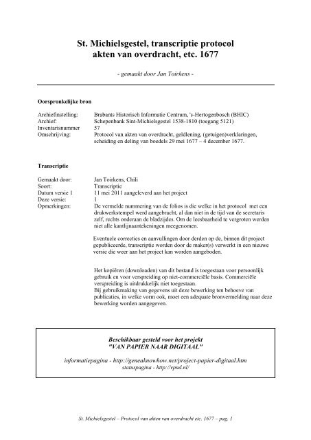 St. Michielsgestel, transcriptie protocol akten van overdracht, etc. 1677