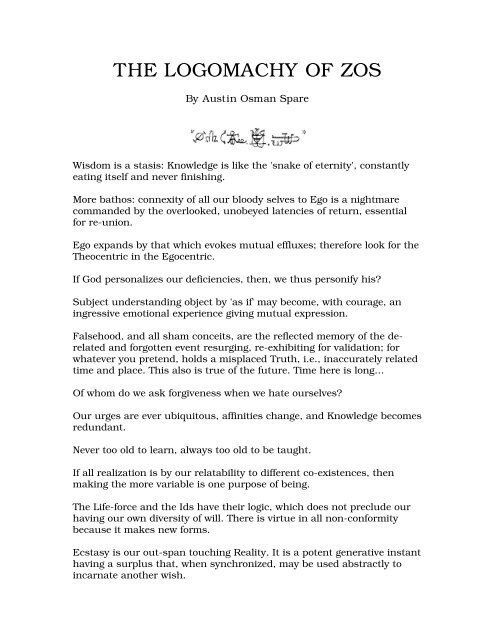 THE LOGOMACHY OF ZOS - Hermetic Order of the Golden Dawn