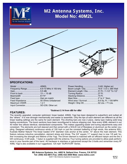 M2 Antenna Systems, Inc. Model No: 40M2L