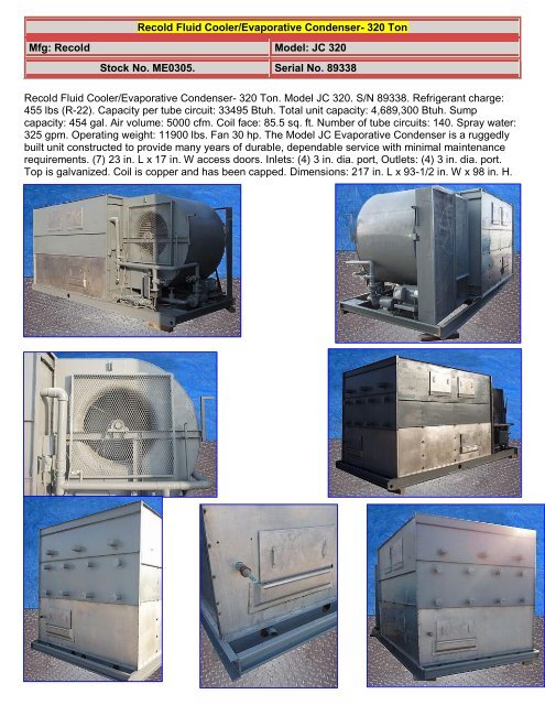 Recold Fluid Cooler/Evaporative Condenser- 320 Ton Mfg: Recold ...