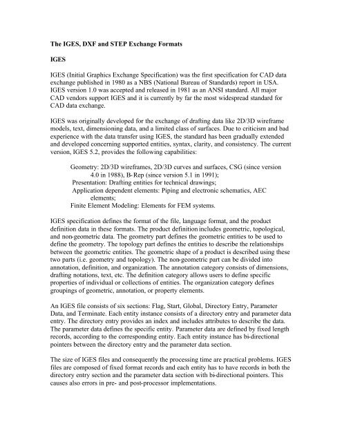 The IGES, DXF and STEP Exchange Formats IGES IGES ... - CAE