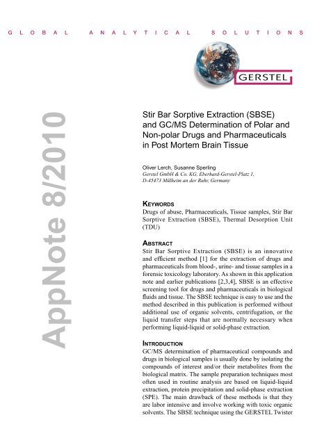 Stir Bar Sorptive Extraction (SBSE) and GC/MS ... - Gerstel