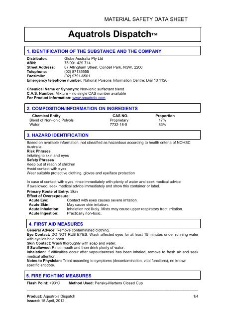 Aquatrols Dispatch - MSDS - 18-04-2012 - Globe Australia