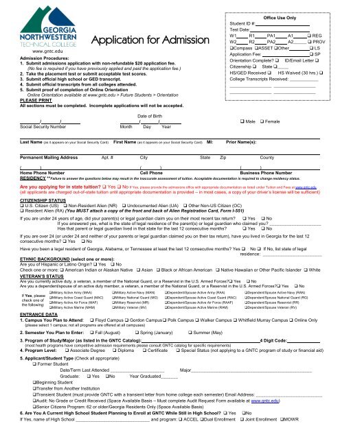 Application for Admission - Georgia Northwestern Technical College