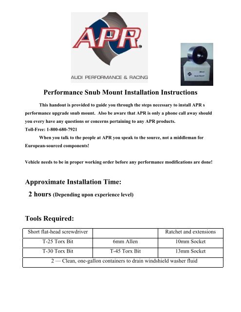 Performance Snub Mount Installation Instructions ... - APR