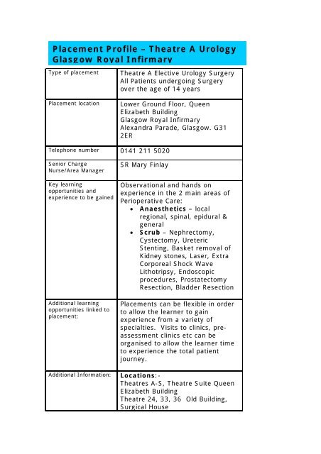 Placement Profile – Theatre A Urology Glasgow Royal Infirmary