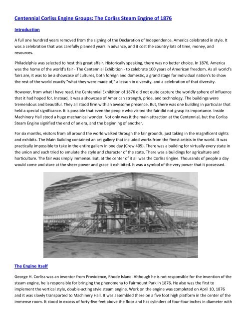 Centennial Corliss Engine Groups: The Corliss Steam Engine of 1876