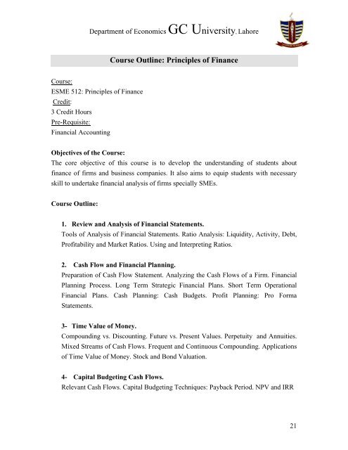Course Outline: Principles of Finance