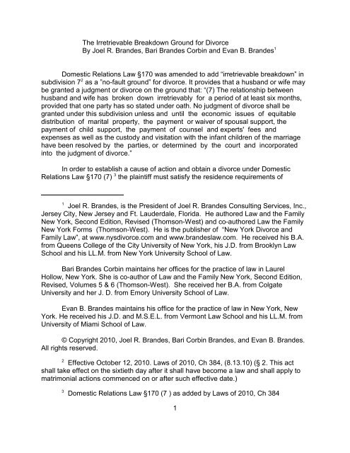 The Irretrievable Breakdown Ground for Divorce By Joel R. Brandes ...