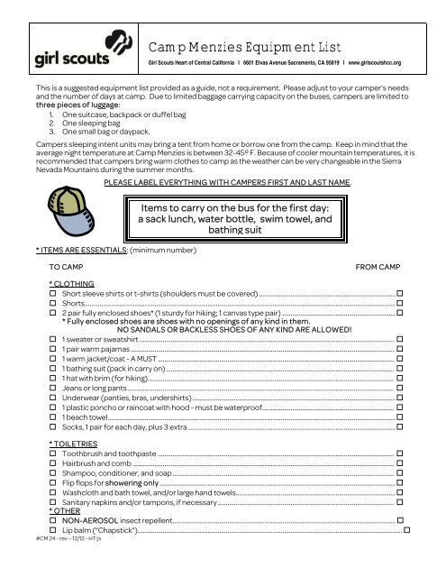 Camp Menzies Equipment List - Girl Scouts Heart Of Central California