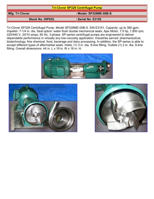 Tri-Clover SP328 Centrifugal Pump Mfg: Tri Clover Model ...