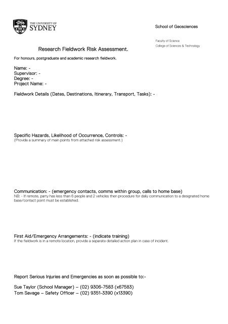 Research Fieldwork Risk Assessment. - School of Geosciences