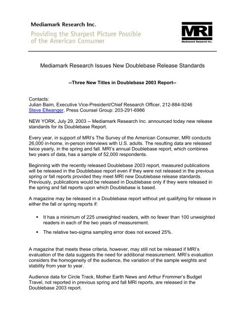 Mediamark Research Issues New Doublebase Release ... - GfK MRI