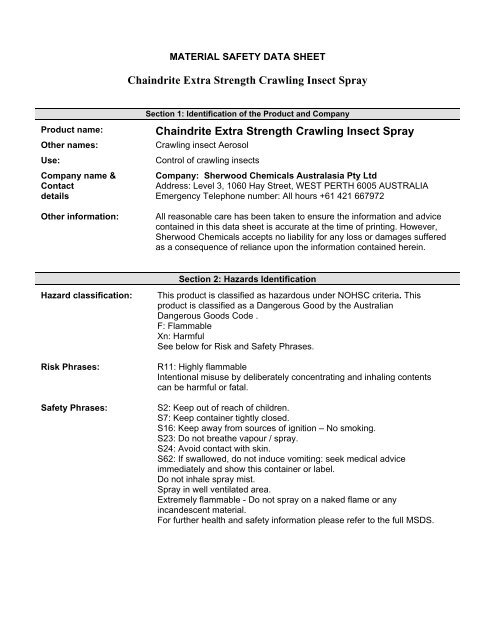 Chaindrite Aerosol Spray MSDS - Knock-Out Pest Control
