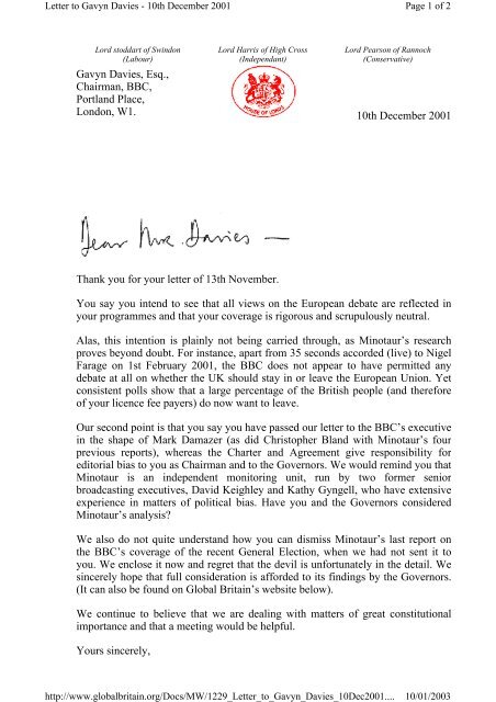 Letter to Gavyn Davies, Chairman, BBC, 10th ... - Global Britain