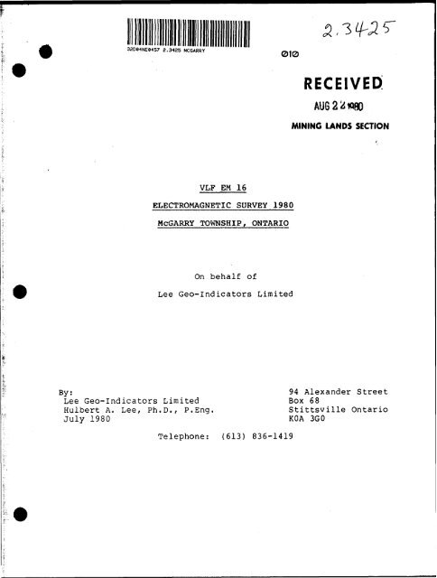 VLF-EM 16 SUR MCGARRY TWP - Geology Ontario