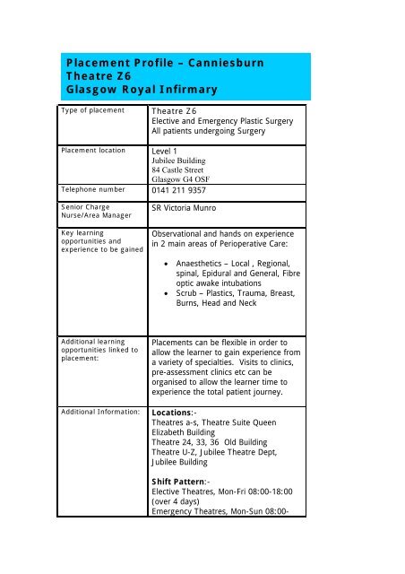 Placement Profile – Canniesburn Theatre Z6 Glasgow Royal Infirmary