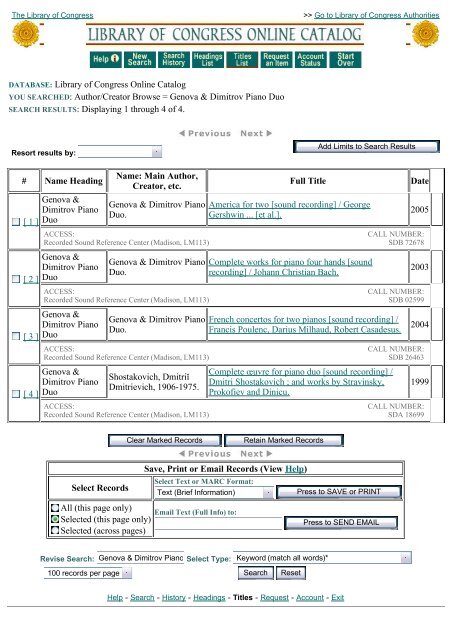 Library of Congress Online Catalog YOU SEARCHED: Author ...