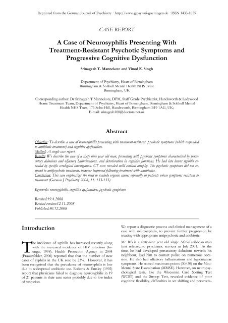 A Case of Neurosyphilis Presenting With Treatment-Resistant ...