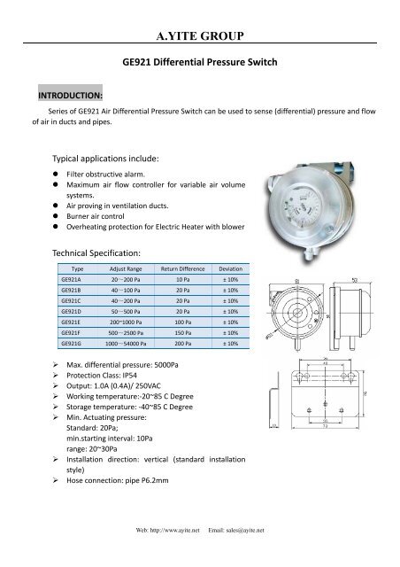 Adjustable Air Differential Pressure Switch