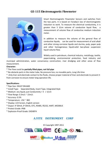 GE-115 Electromagnetic Flowmeter A.YITE INSTRUMENT CORP
