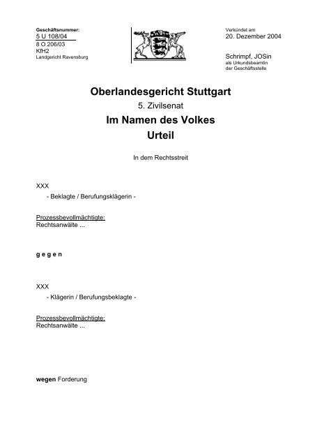 Oberlandesgericht Stuttgart Im Namen des Volkes Urteil