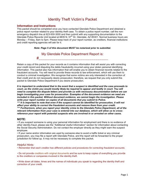 Identity Theft Incident Detail Form - City of Glendale