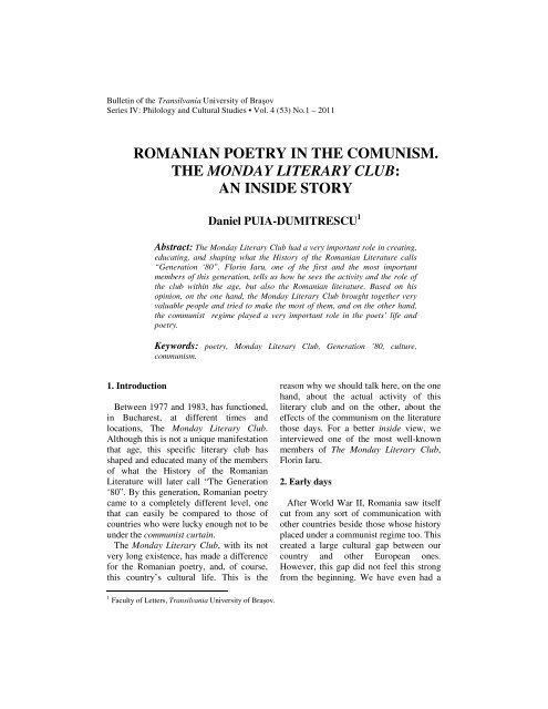 romanian poetry in the comunism. the monday literary club