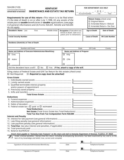 Form 92A200 - Kentucky: Department of Revenue