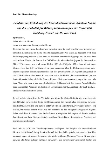 Laudatio zur Verteilung der Ehrendoktorwürde an Nikolaus Simon ...