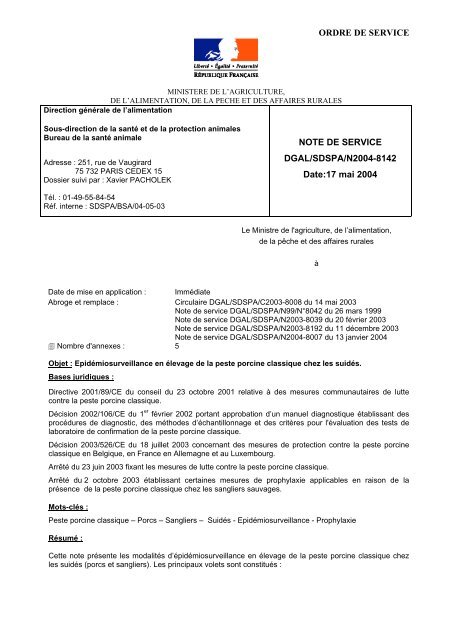 ORDRE DE SERVICE NOTE DE SERVICE DGAL ... - CaribVET