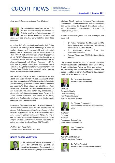 Ausgabe 02 | Oktober 2011 NEUER EUCON- VORSTAND