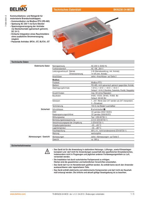 Technisches Datenblatt BKN230-24-MOD - Belimo