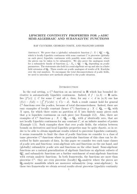 LIPSCHITZ CONTINUITY PROPERTIES FOR p-ADIC SEMI ...