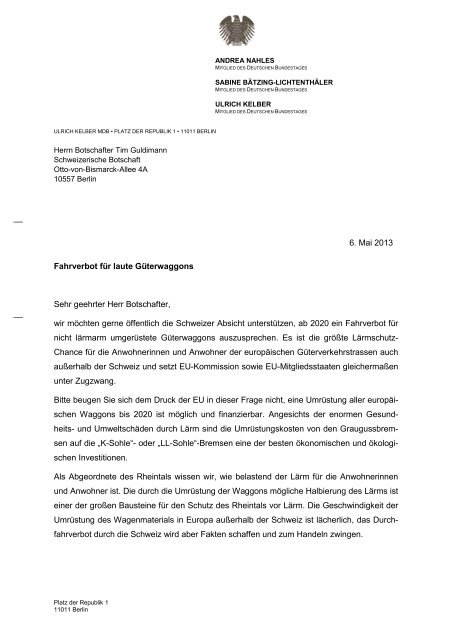 20130506 Brief an Schweizer Botschafter - Ulrich Kelber