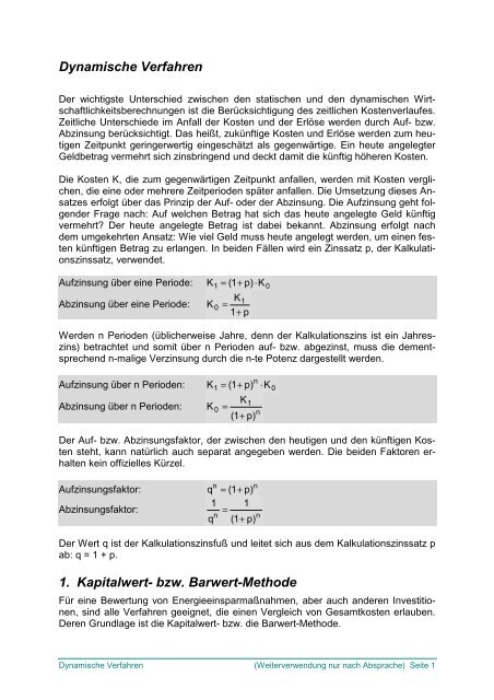 Dynamische Verfahren 1. Kapitalwert- bzw. Barwert-Methode - delta-q