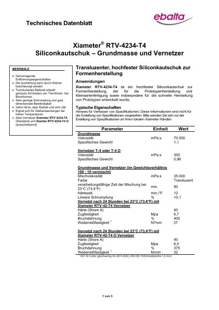 Xiameter RTV-4234-T4 Siliconkautschuk – Grundmasse ... - ebalta