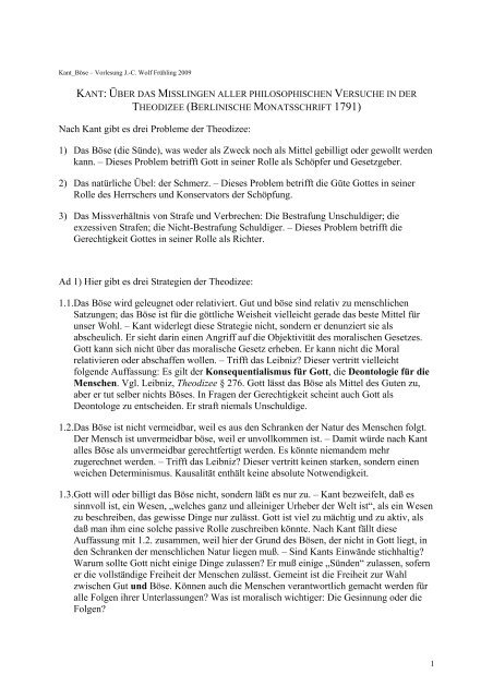 Nach Kant gibt es drei Probleme der Theodizee: 1 ... - Commonweb