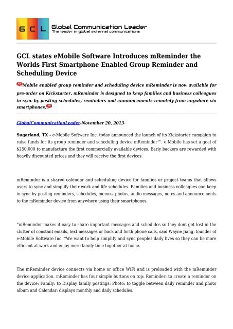 GCL states eMobile Software Introduces mReminder the Worlds First ...