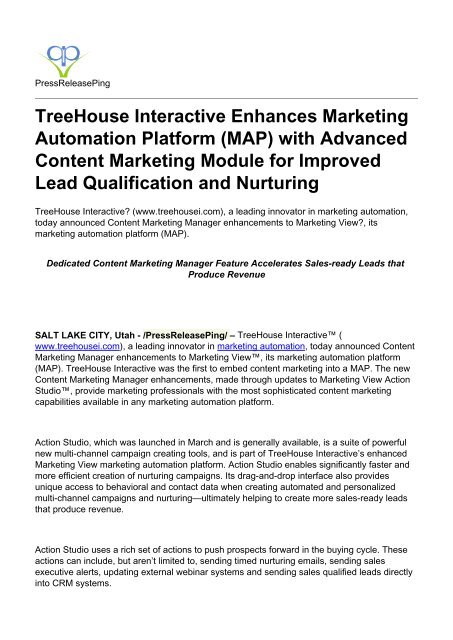 TreeHouse Interactive Enhances Marketing Automation Platform (MAP) with ...