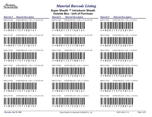 Material Barcode Listing - Boston Scientific