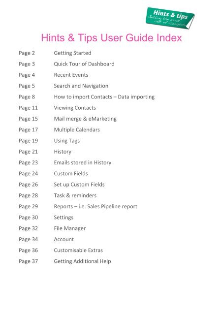 Hints & Tips User Guide Index