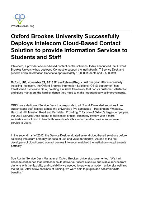 Oxford Brookes University Successfully Deploys Intelecom Cloud-Based Contact Solution to provide ...