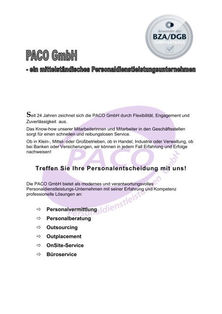 Downloaden Sie unsere Detaillierte Service Broschüre - PACO GmbH Downloaden Sie unsere Detaillierte Service Broschüre - PACO GmbH
