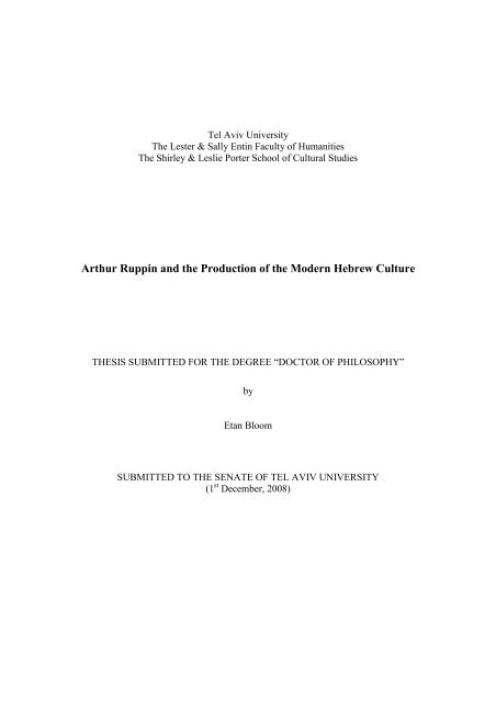 Arthur Ruppin and the Production of the Modern Hebrew Culture