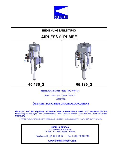 AIRLESS ®PUMPE 40.130_2 65.130_2 - Kremlin Rexson Sames