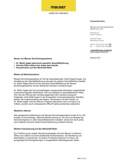 Neues von Mauser Einrichtungssysteme: Dr. Martin Sagel ...