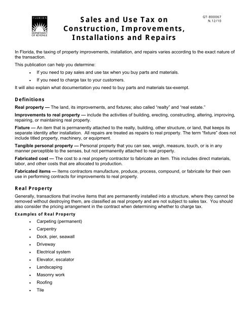 Sales and Use Tax on Construction, Improvements, Installations and ...