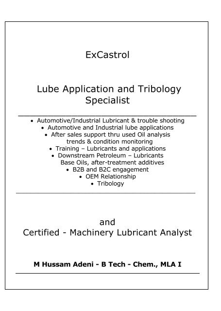 ExCastrol Lube Application & Tribology Specialist plus Lube certs ...